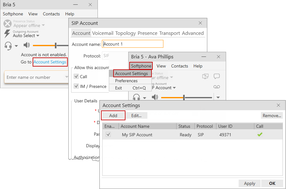 How to register the Bria 5 softphone?